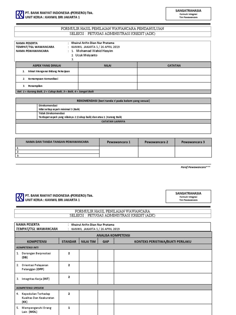 Form Wawancara PETUGAS ADMINISTRASI KREDIT (ADK) | PDF