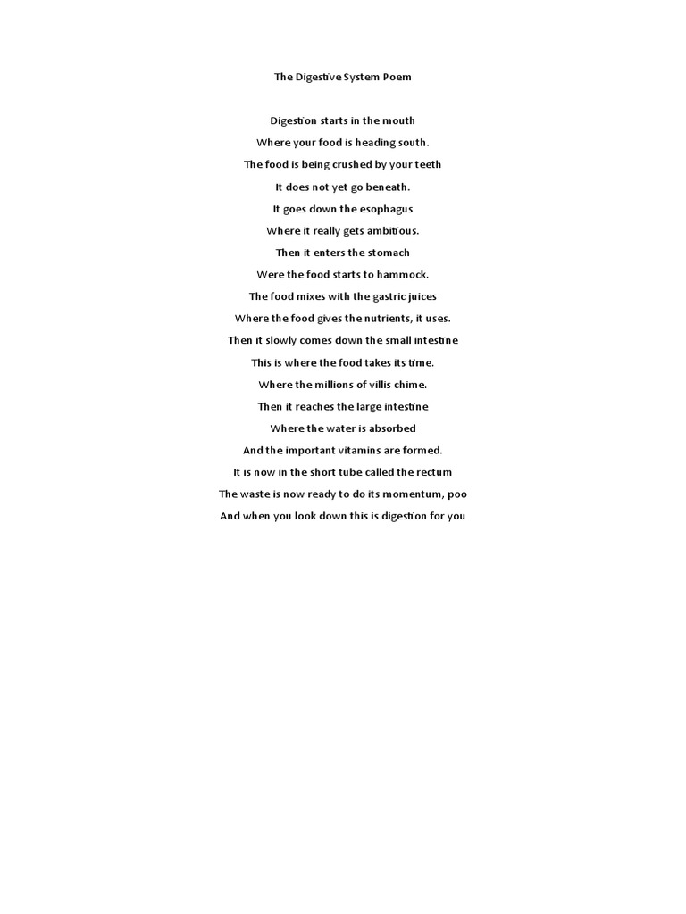 Digestive System Poem for Kids | PDF