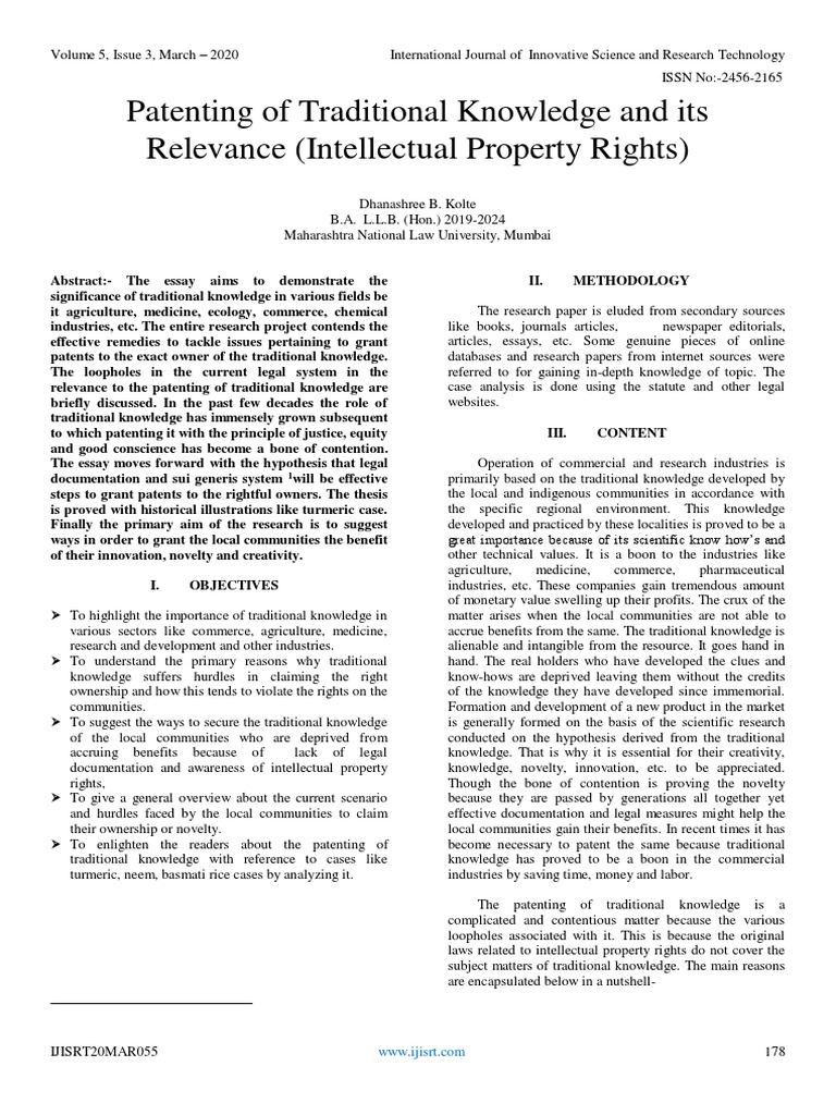Patenting of Traditional Knowledge and Its Relevance (Intellectual ...