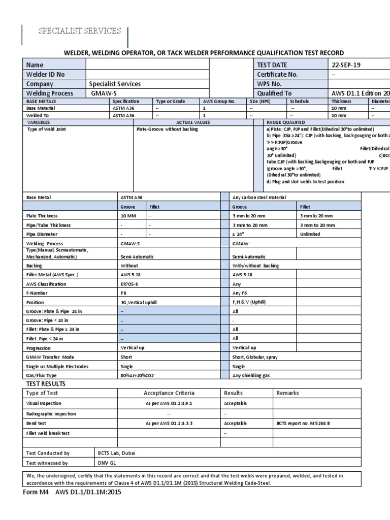 Welder, Welding Operator Qualification Test Report | PDF | Welding ...