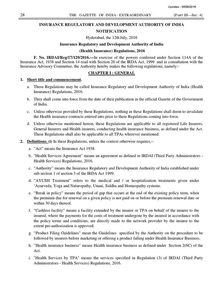 IRDAI (Health Insurance) Regulations 2016 PDF | PDF | Life Insurance ...