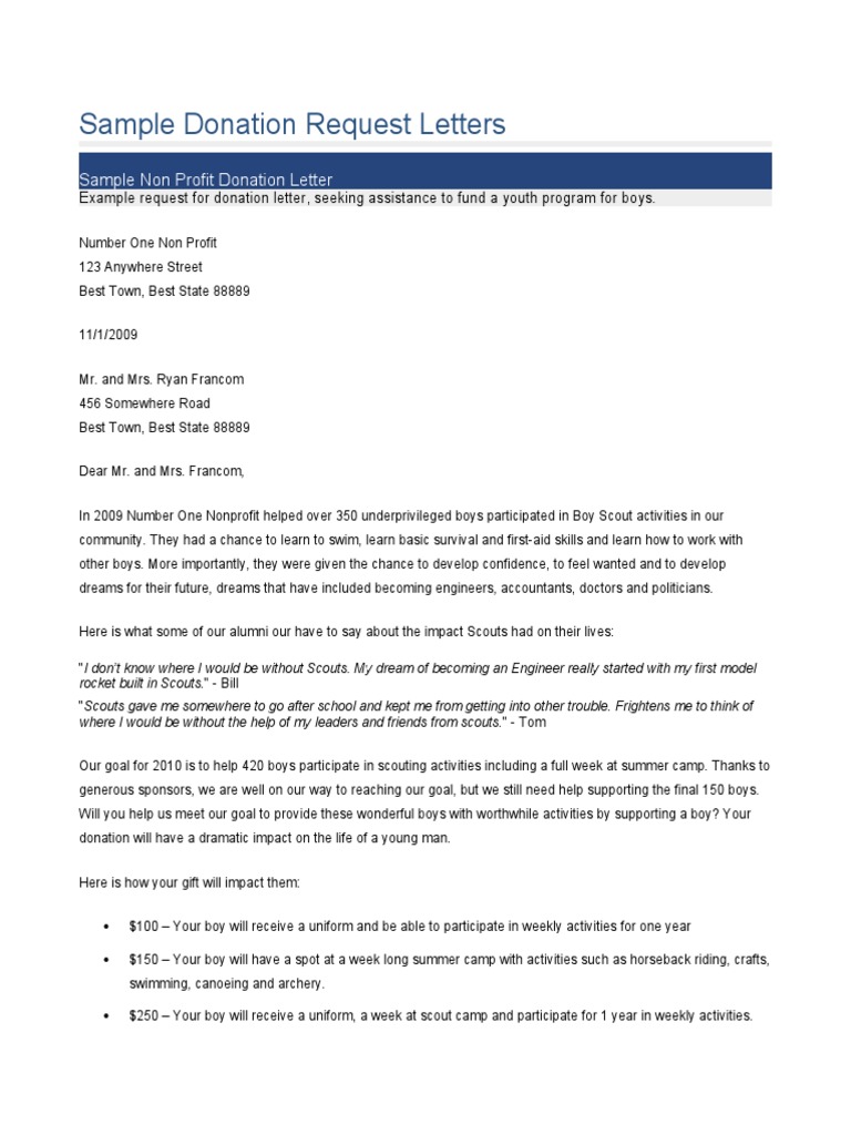 Sample Donation Request Letters | PDF | Nonprofit Organization | Scouting