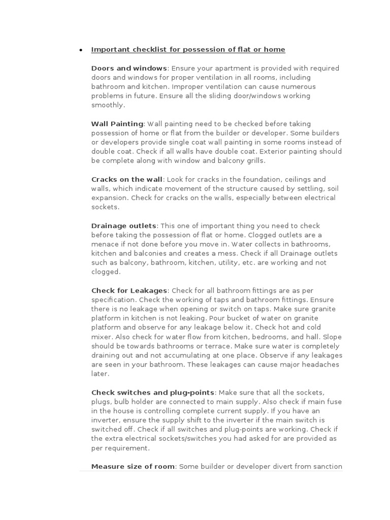 Flat Possession Document Checklist | PDF | Bathroom | Door