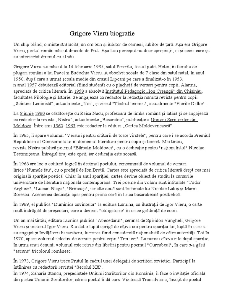 Grigore Vieru Biografie | PDF