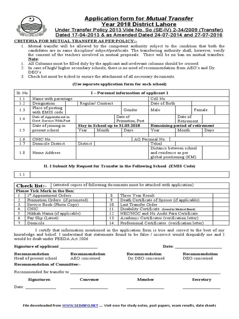 Application Form For Mutual Transfer | PDF | Social Institutions ...