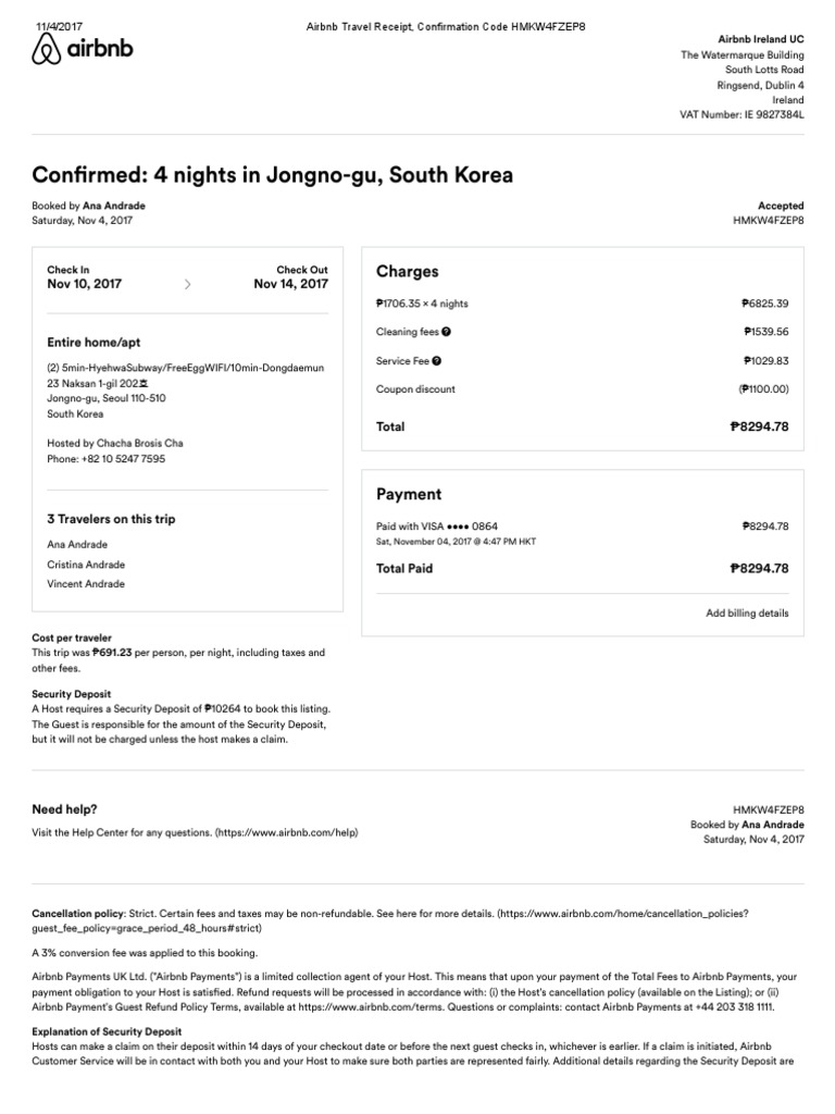 Airbnb Travel Receipt, Confirmation Code HMKW4FZEP8 | PDF | Receipt | Fee