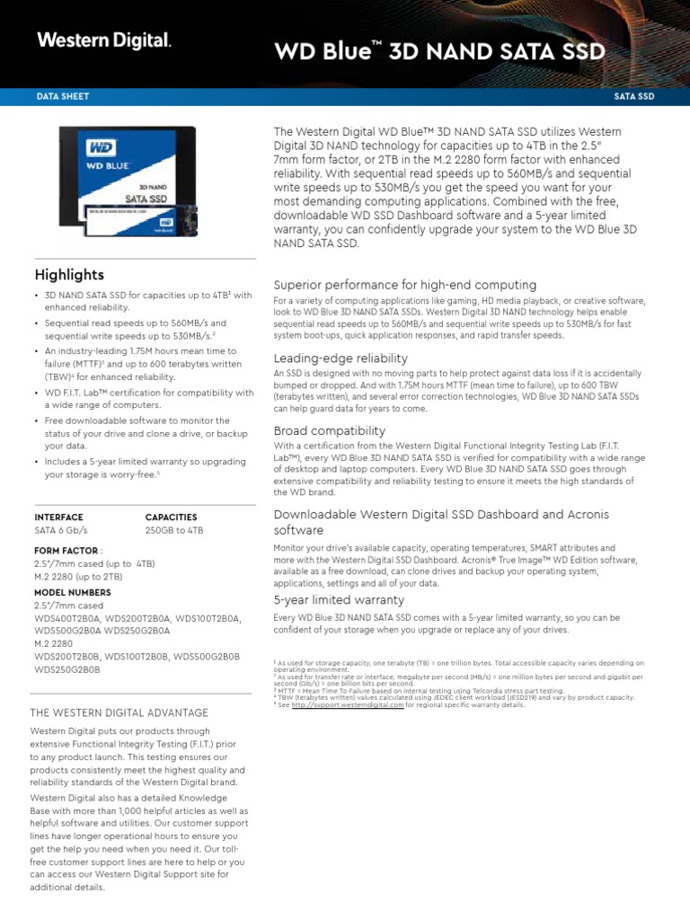 Data Sheet WD Blue 3d Nand Sata SSD 2879 800092 PDF | Download Free PDF ...