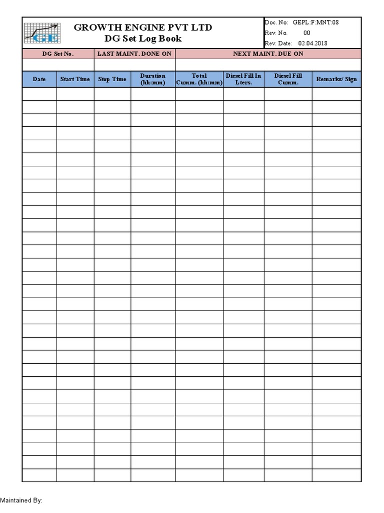 08 DG Set Log Book | PDF