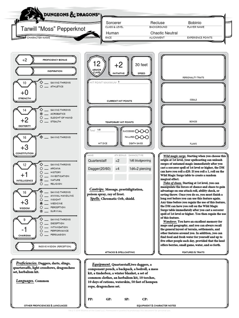 Tarwill Moss Pepperknot - Character Sheet | PDF | Fantasy Games ...