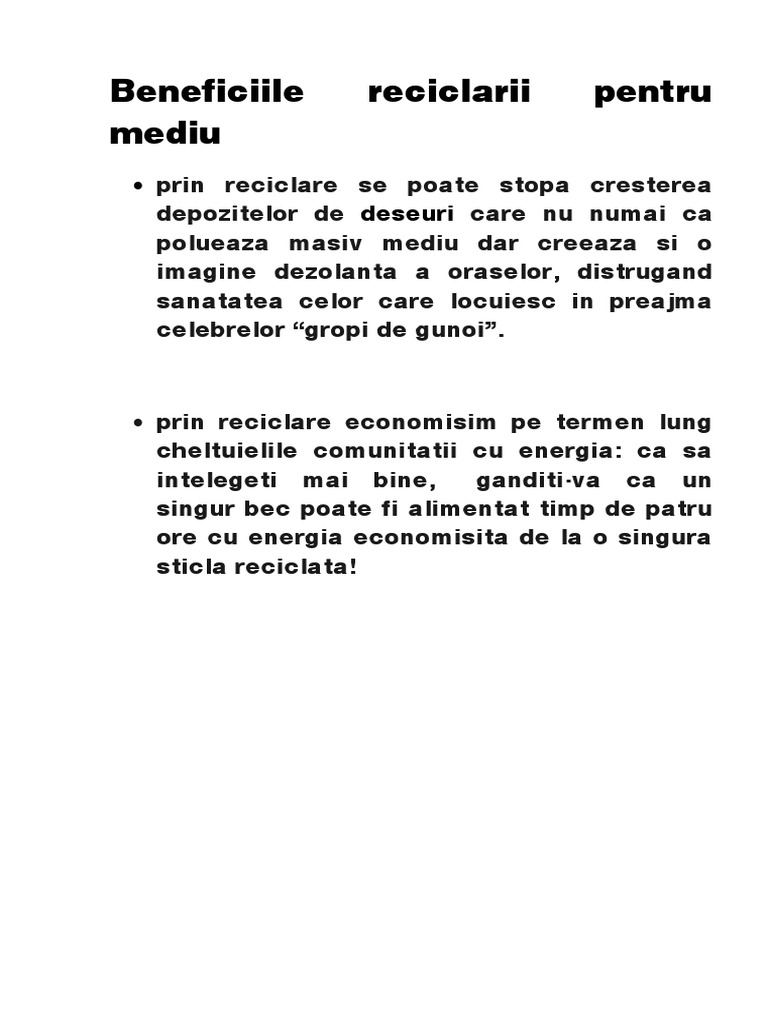 Beneficiile Reciclarii Pentru Mediu | PDF