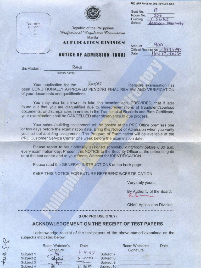 PRC Notice of Admission (NOA) Form | PDF | Economy Of The Philippines ...