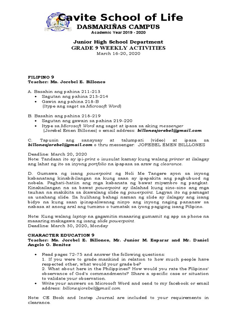 March 16-20, 2020 - Grade 9 Weekly Activities | PDF | William Blake