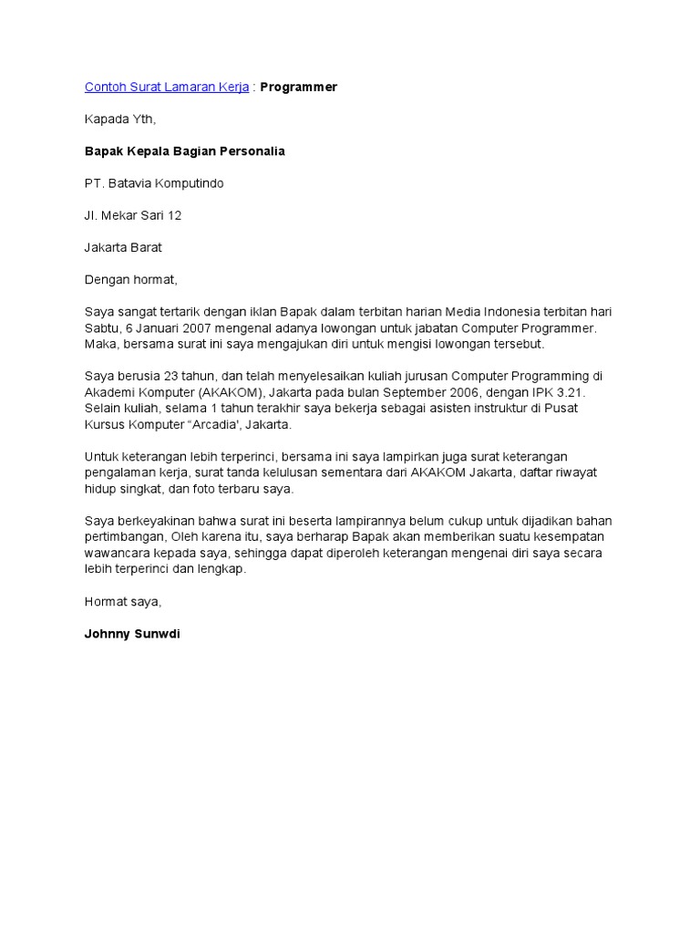 Contoh Surat Lamaran Kerja Programmer | PDF