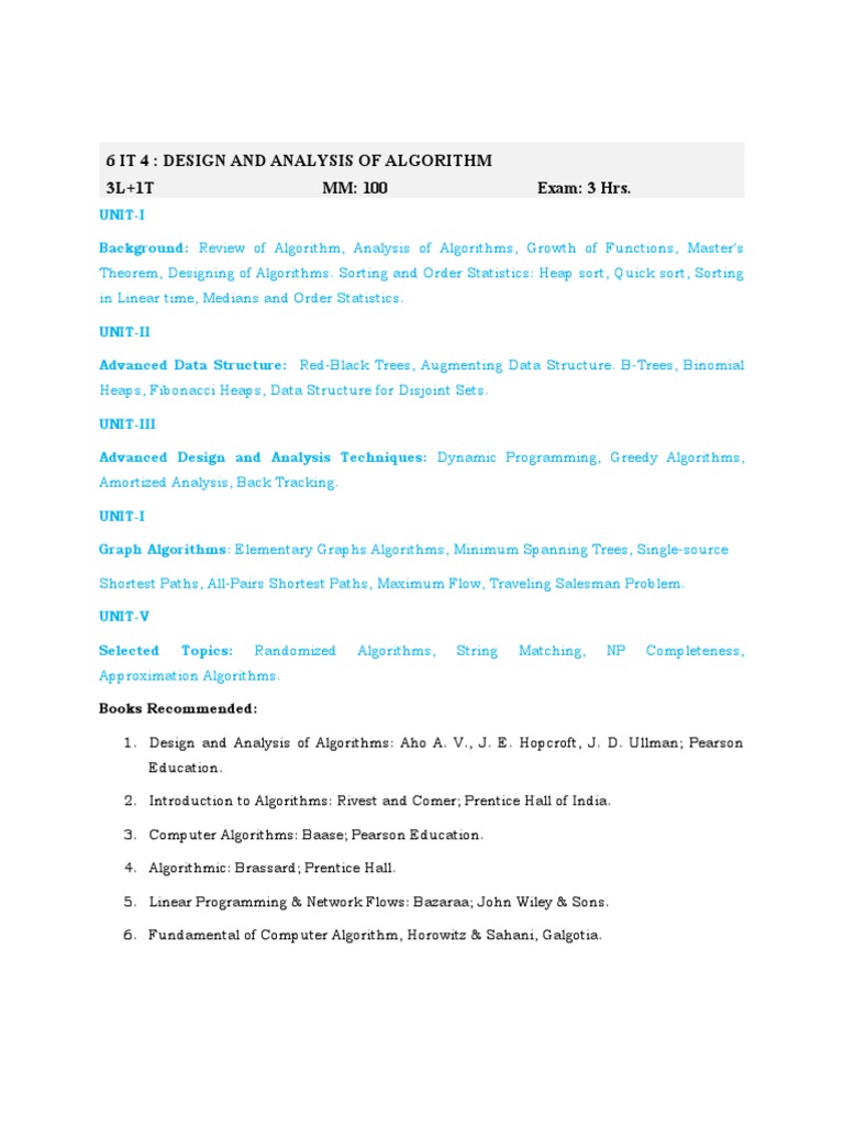 6 It 4: Design and Analysis of Algorithm 3L+1T MM: 100 Exam: 3 Hrs | PDF | Cognitive Science ...