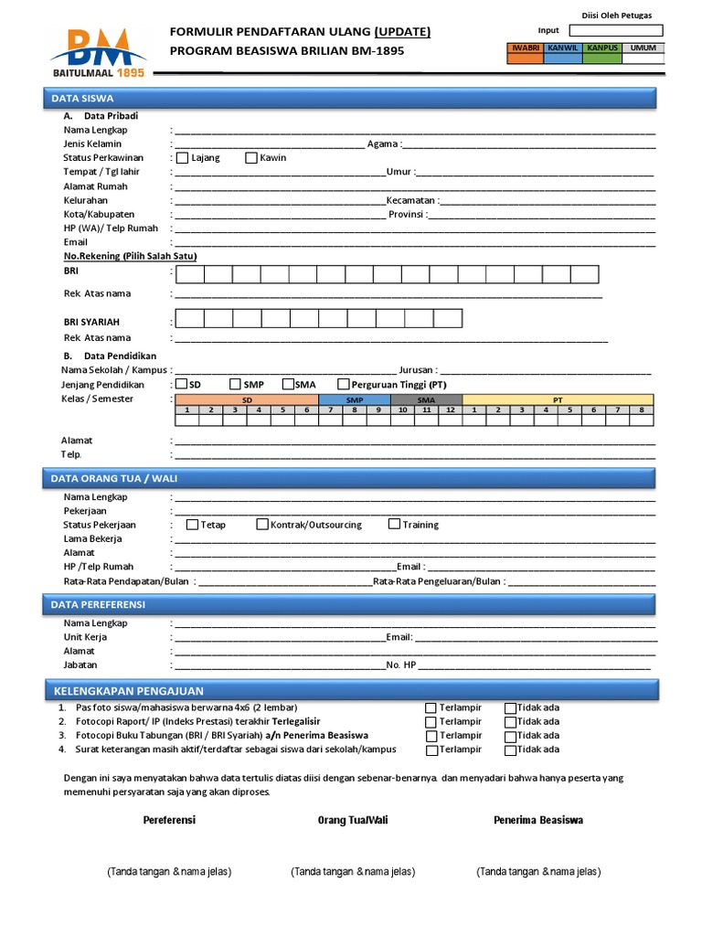 Form Beasiswa Reguler BRI | PDF