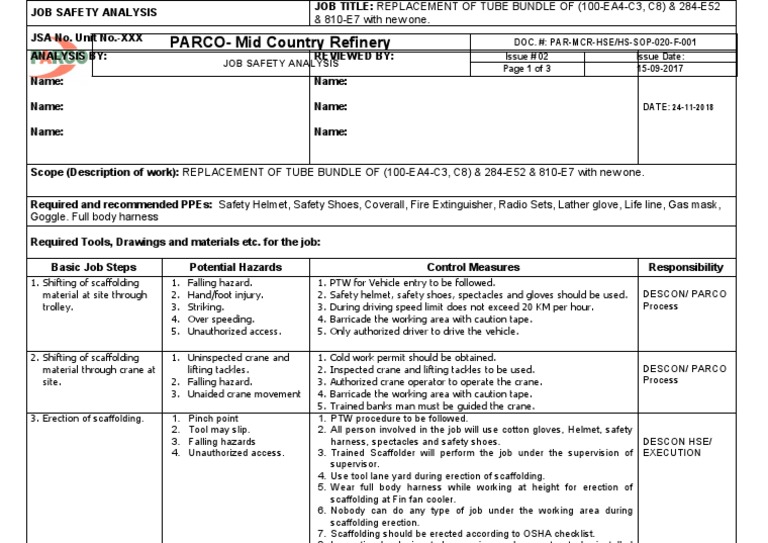 14 - JSA For Replacement of Tube Bundles of (100-EA4-C3, C8) & 284-E52 ...