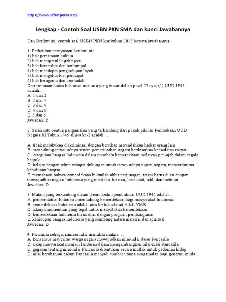 Lengkap - Contoh Soal USBN PKN SMA Dan Kunci Jawabannya | PDF