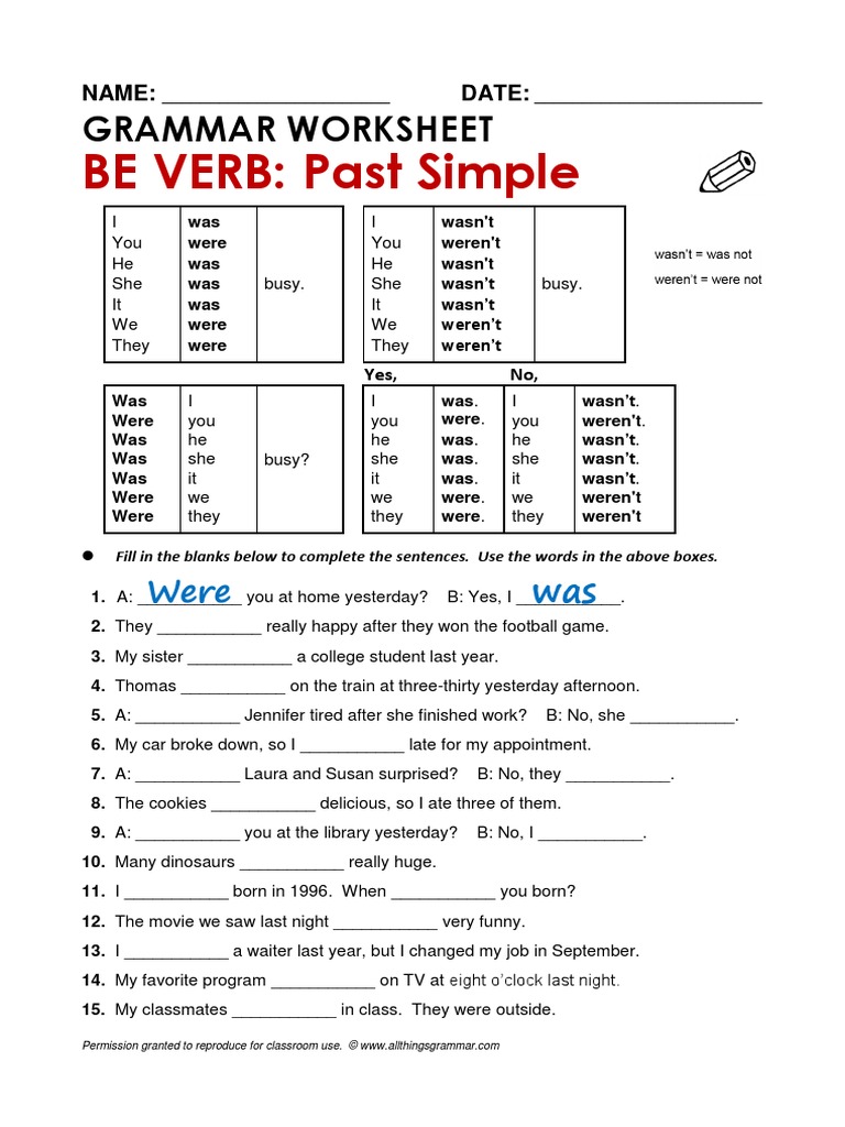 Grammar Worksheet. VERB TO BE (Simple Past) PDF | PDF | Communication ...