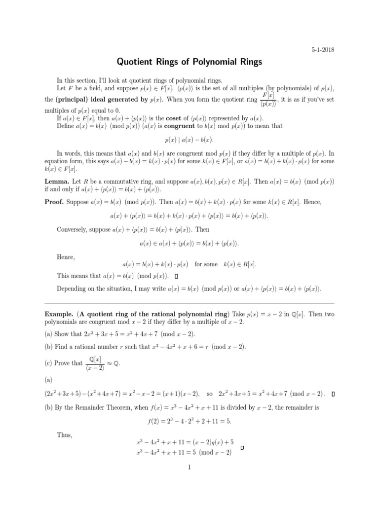 Quotient Rings of Polynomial Rings | PDF | Ring (Mathematics) | Field (Mathematics)
