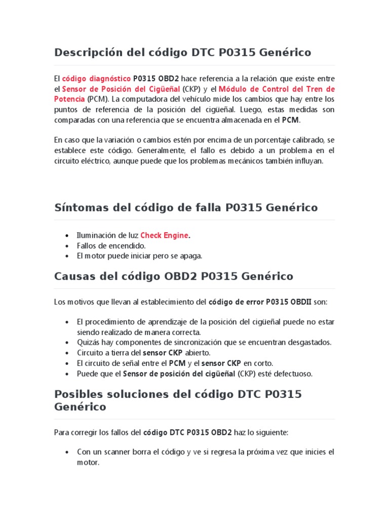 Descripción Del Código DTC P0315 Genérico | PDF
