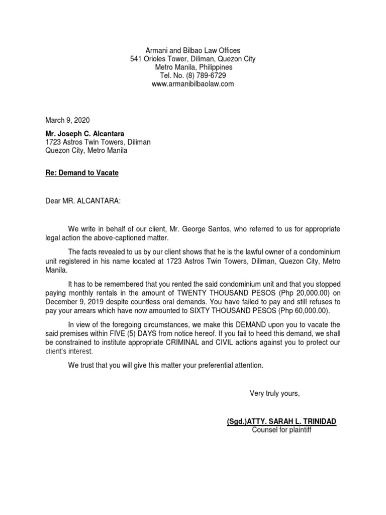 Demand Letter To Vacate The Premises of A Condominium Unit | PDF