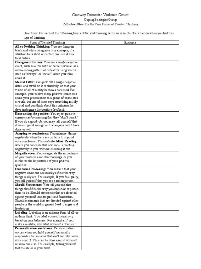 Ten Forms of Twisted Thinking Fill-In Form | PDF | Thought | Social ...
