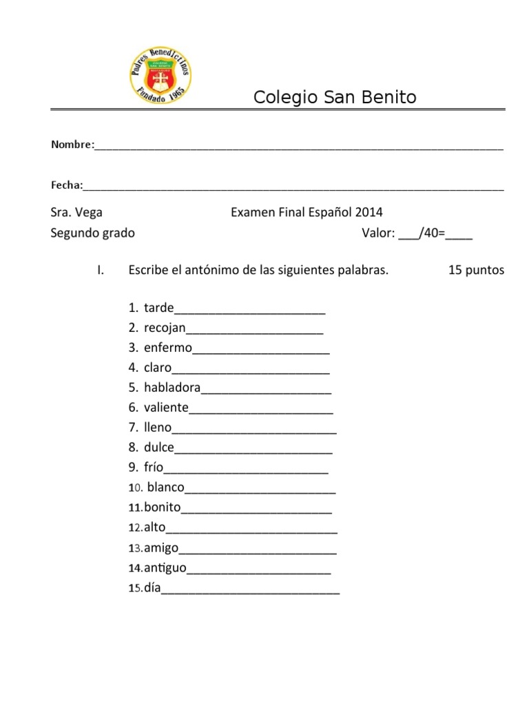 Examen Final Español Segundo Grado | PDF