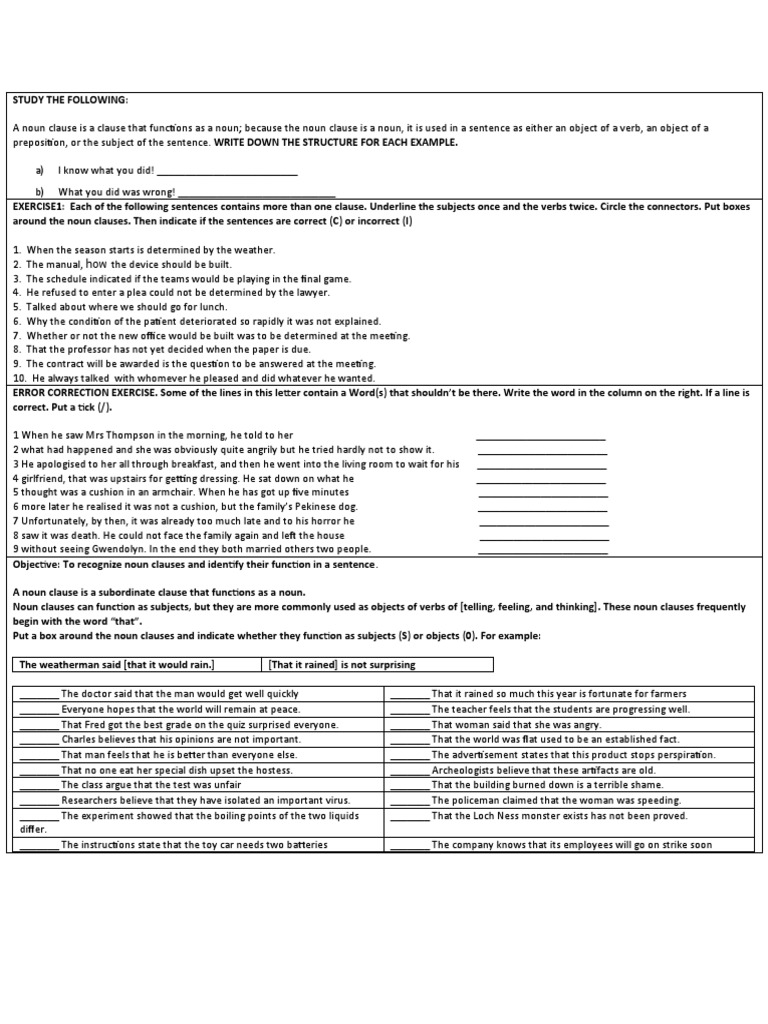Introduction To Noun Clauses Student | PDF | Clause | Sentence ...