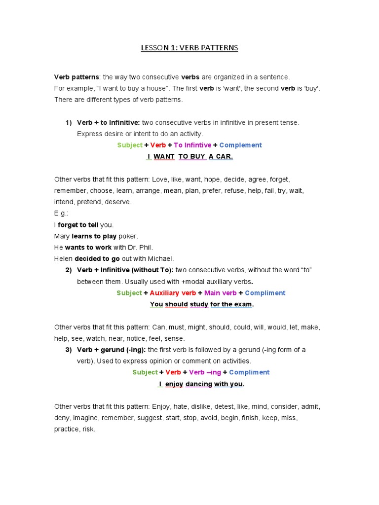 Lesson 1 - Verb Patterns | PDF | Verb | Linguistic Morphology