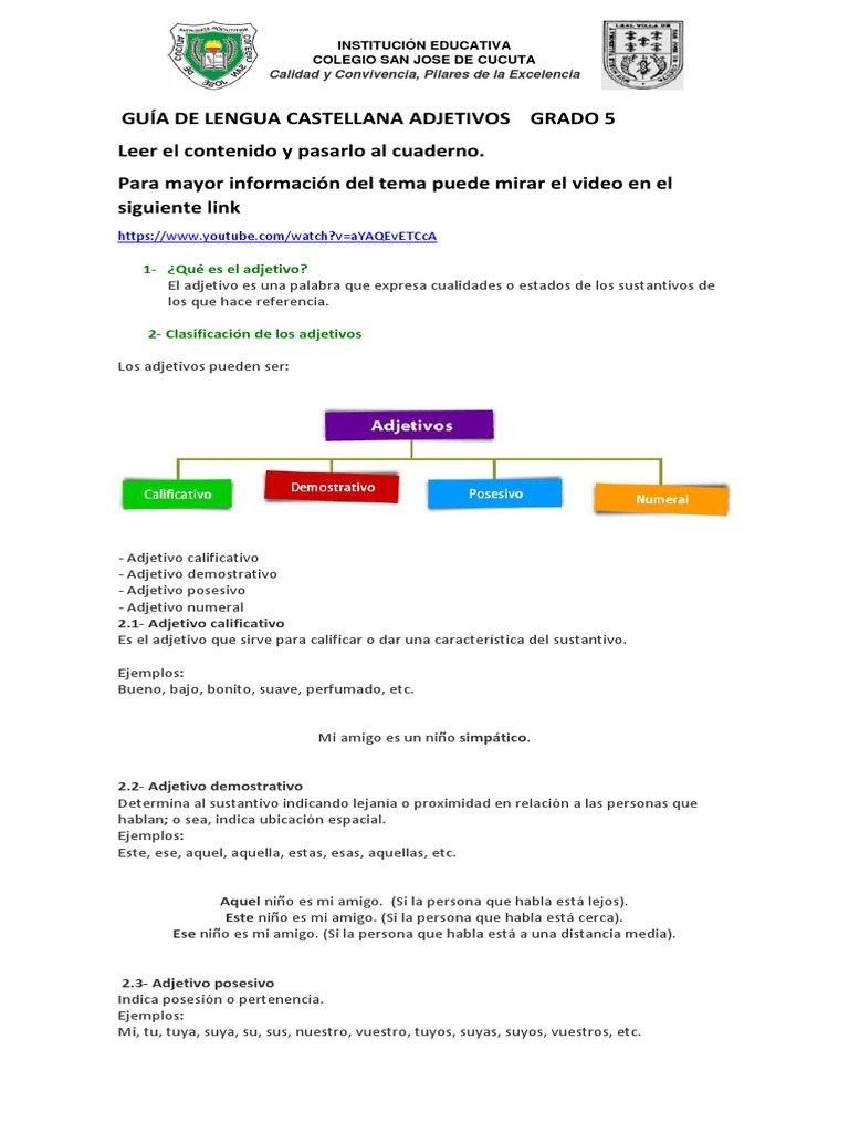 Guía de Adjetivos para Quinto Grado | PDF | Adjetivo | Gramática