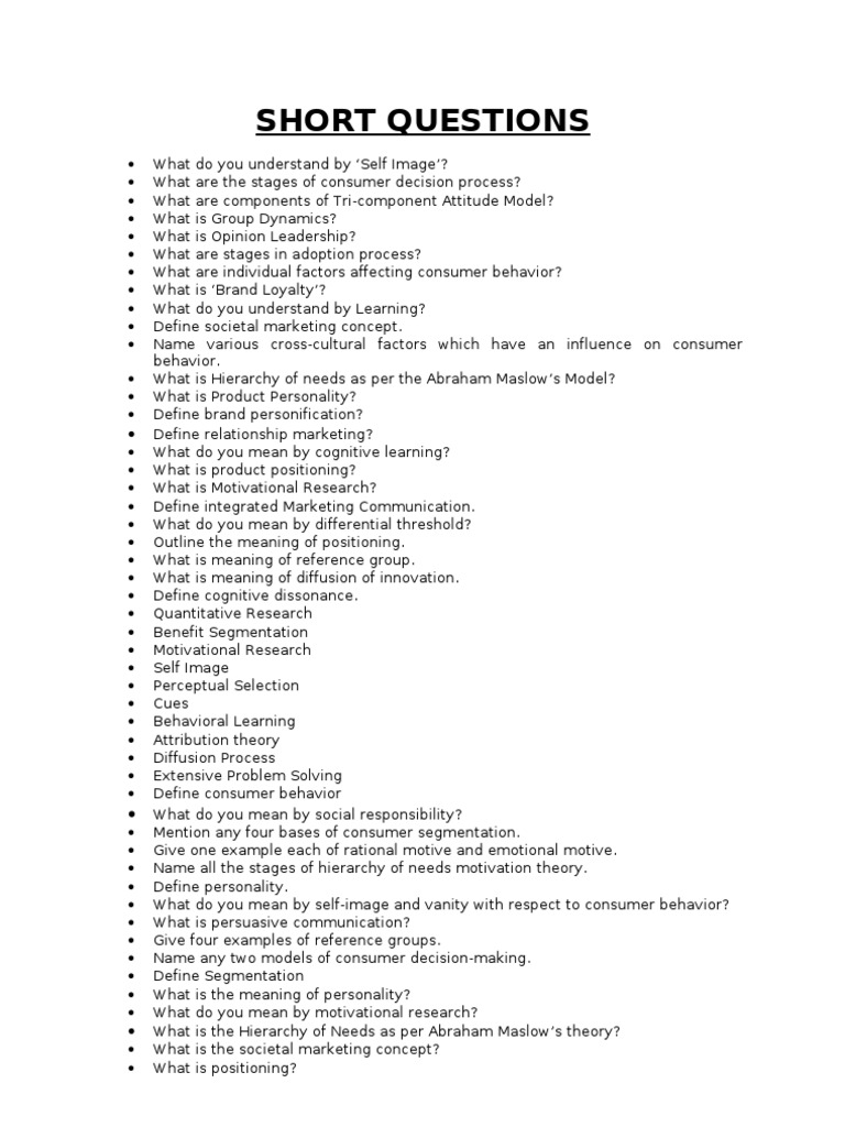 Short and Long Questions | PDF | Consumer Behaviour | Motivation