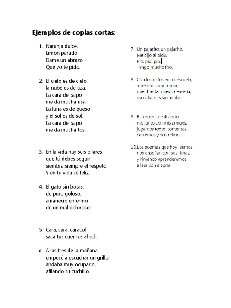 Ejemplos de Coplas Cortas | PDF