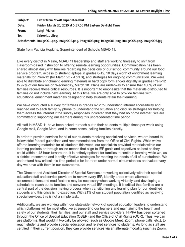 State From Patricia Hopkins, Superintendent of Schools MSAD 11 | PDF ...