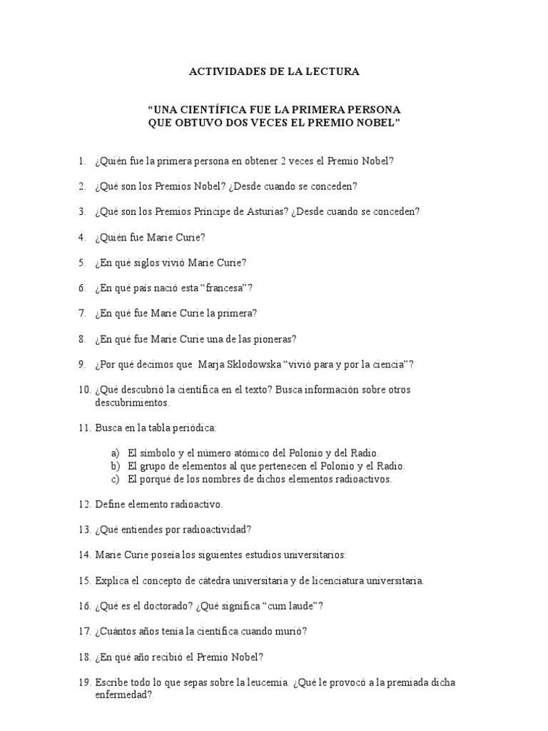 MARIE CURIE (Actividades Lectura) 2 | PDF | Historia