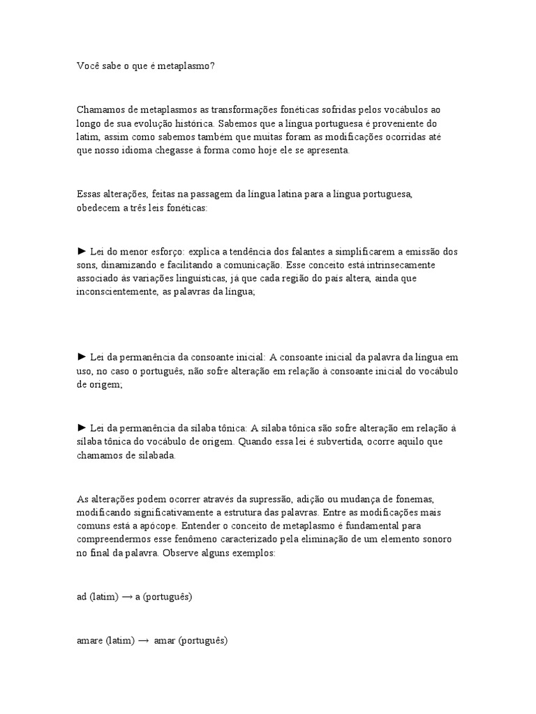 Você Sabe o Que É Metaplasmo | PDF | Português (idioma) | Latim