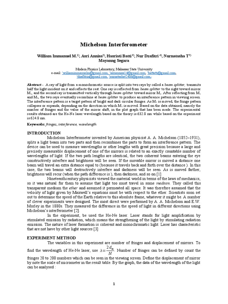Michelson Interferometer Article | PDF | Interferometry | Light