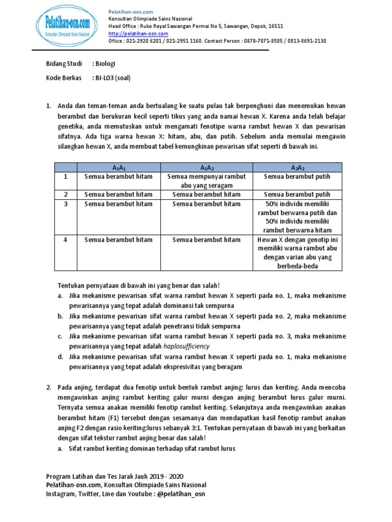 LTJJ 2020 BIO-L03 (Soal) | PDF