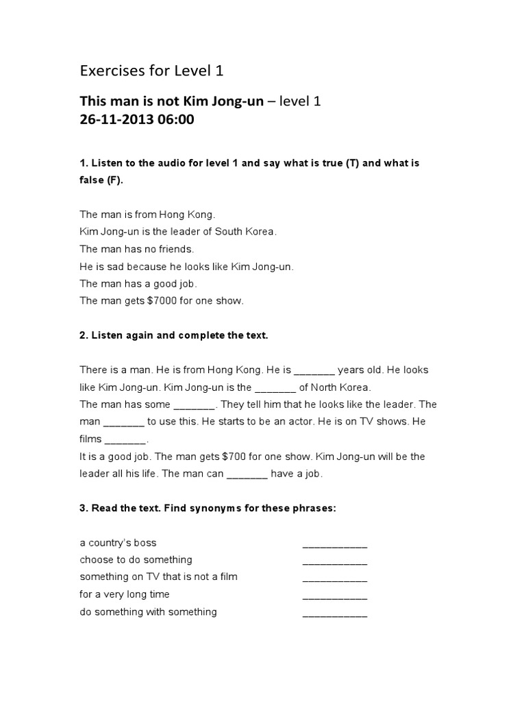 Level 1 Listening and Reading Exercises | PDF | Kim Jong Un | North Korea