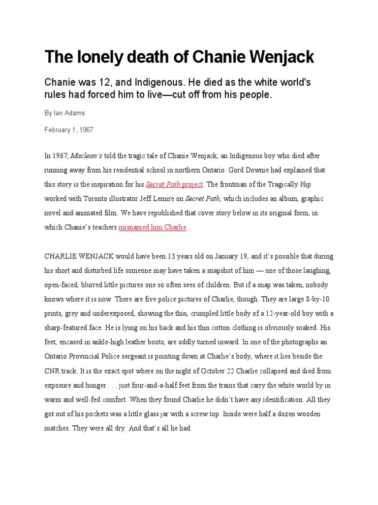 The Lonely Death of Chanie Wenjack | PDF