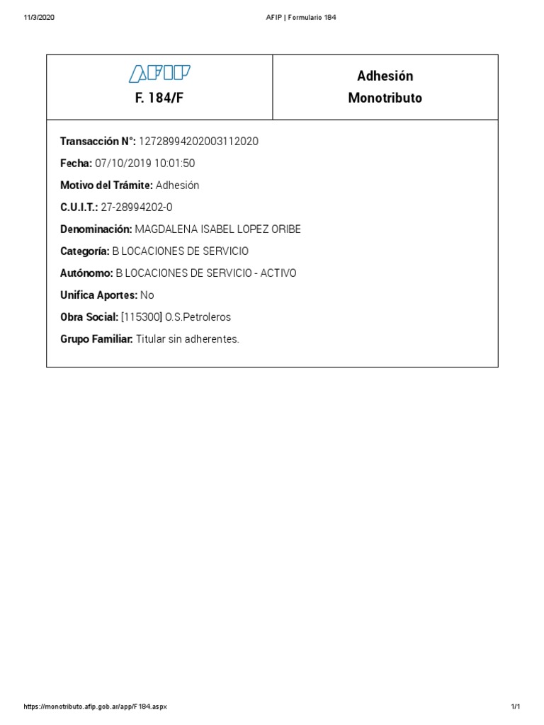 AFIP - Formulario 184 PDF | PDF