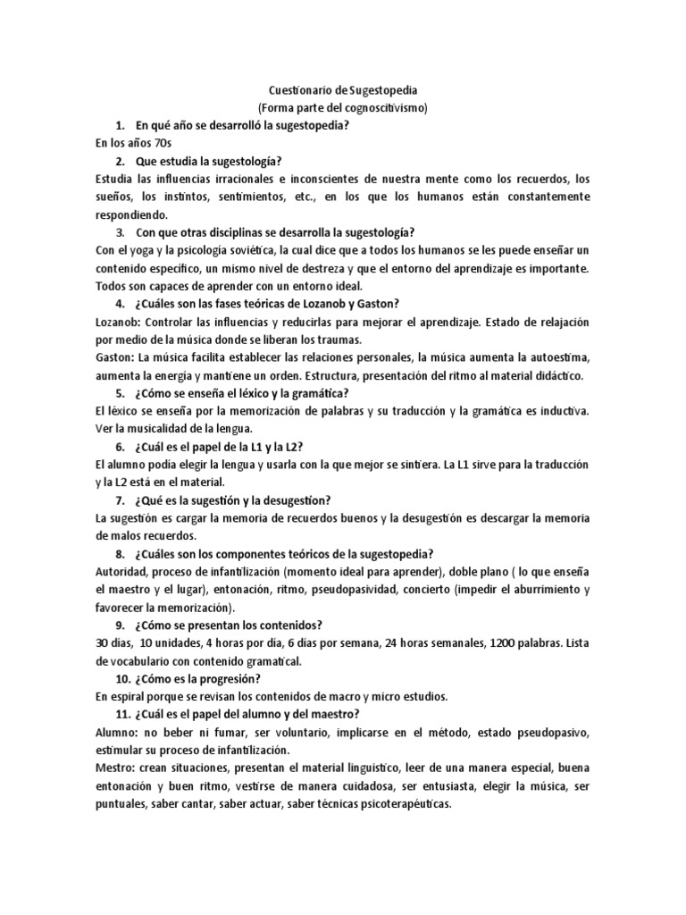 Cuestionario de Sugestopedia | PDF | Memoria | Aprendizaje