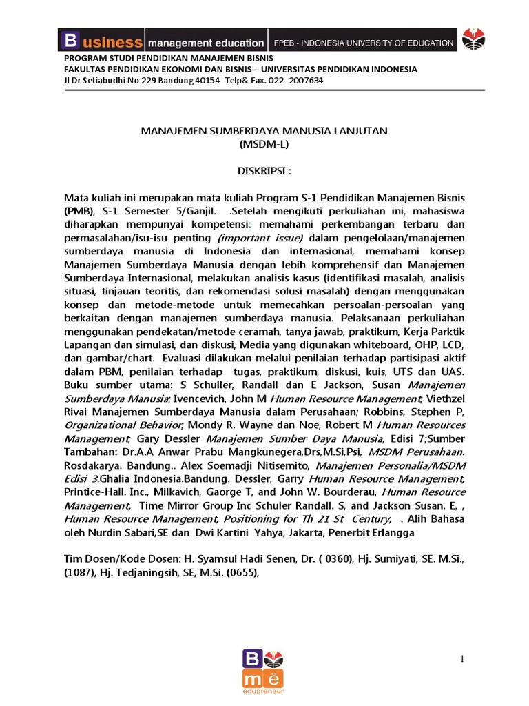 SILABUS MSDM LANJUTAN@Manajemen Bisnis UPI PDF | PDF