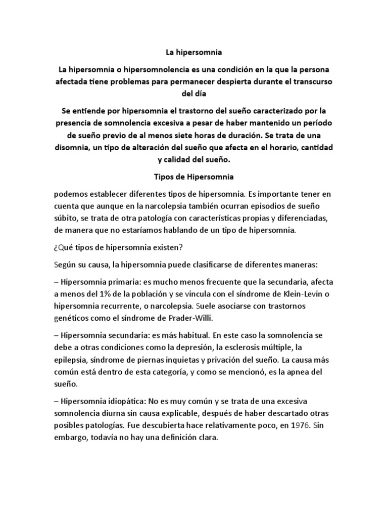 La Hipersomnia | PDF | Dormir | Salud mental