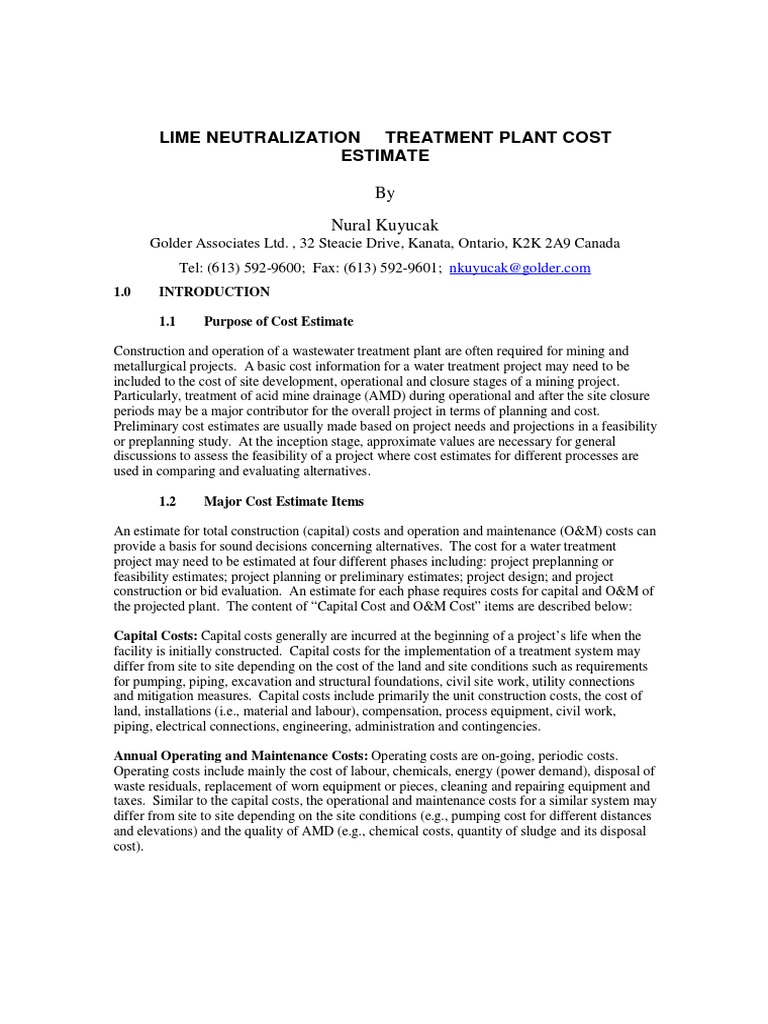 Lime Neutralization Treatment Plant Cost Estimate PDF | PDF | Net ...