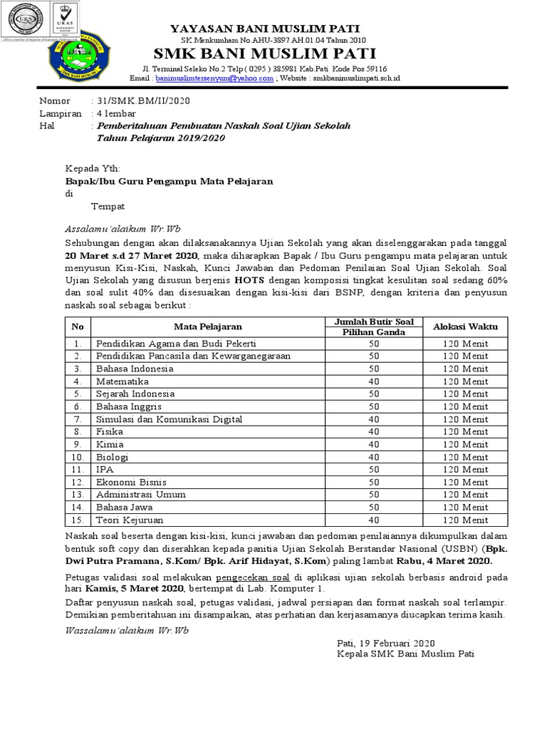 Surat Pembuatan Naskah Soal 2020 | PDF
