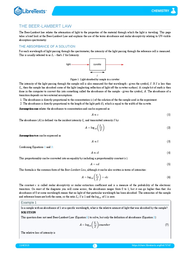 The Beer-Lambert Law PDF | PDF | Absorbance | Ultraviolet–Visible ...