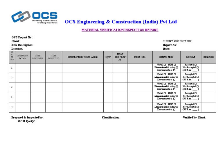 INWARD INSPECTION - MVR - Material Verification Reports | PDF ...