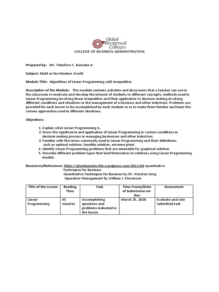 MODULE Math in The Modern World | PDF | Linear Programming ...