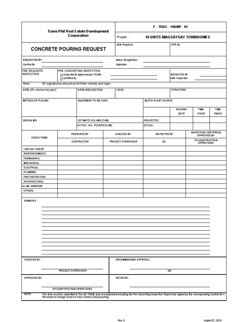 Concrete Pour Request Form | PDF | Concrete | Civil Engineering