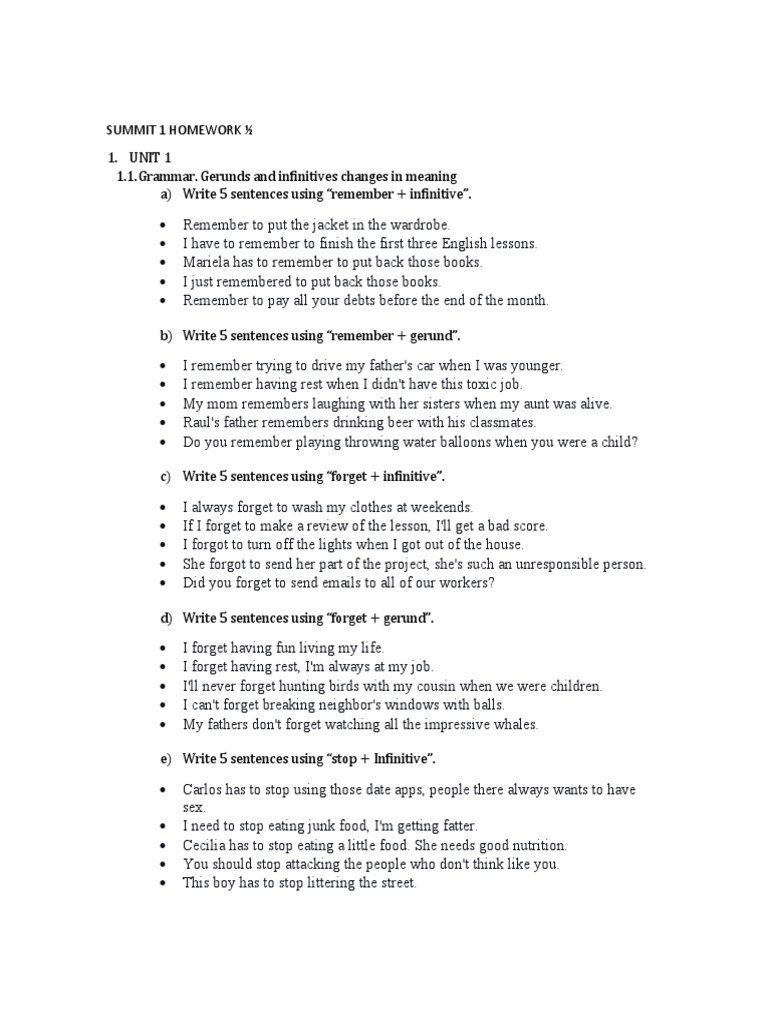 Summit 1 Homework | PDF | Object (Grammar) | Verb